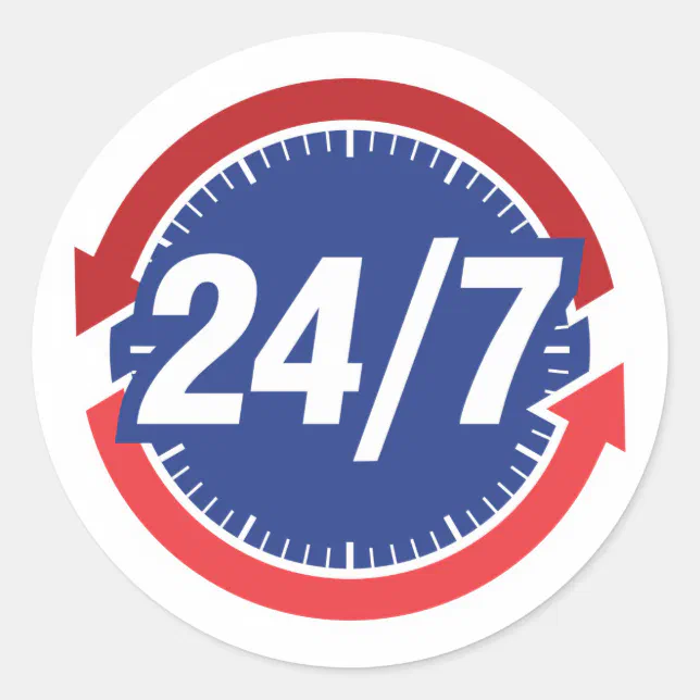 24/7 Hours Symbol w/ Clock Face & Time Arrows Classic Round Sticker ...
