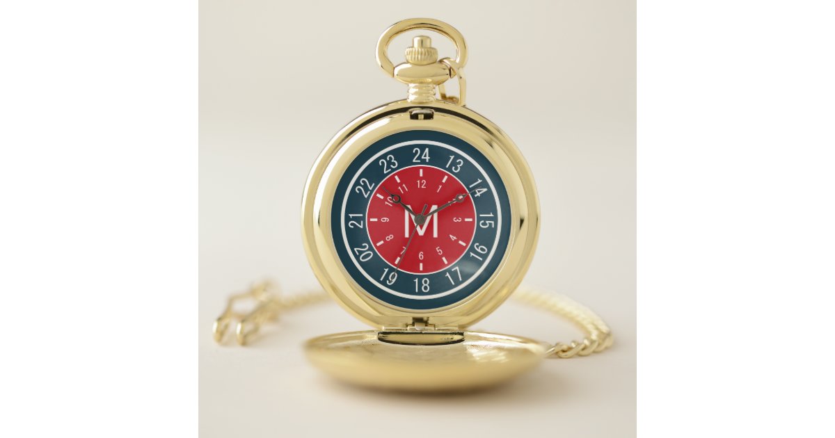24-HOUR DIAL custom monogram pocket watch | Zazzle