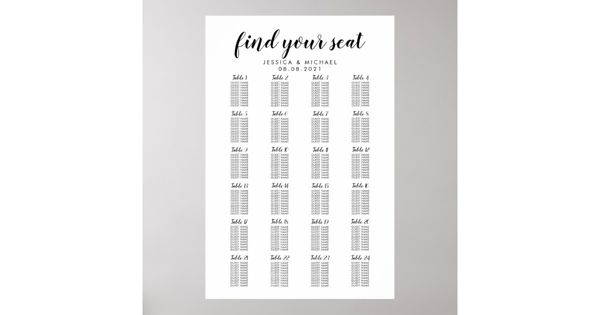 24 Table Large Wedding Guest Seating Chart | Zazzle
