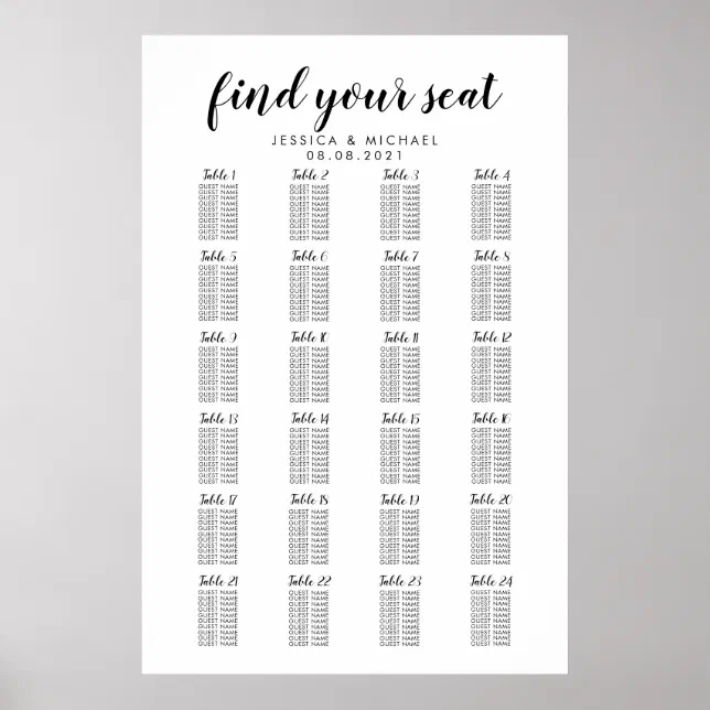 24 Table Large Wedding Guest Seating Chart | Zazzle