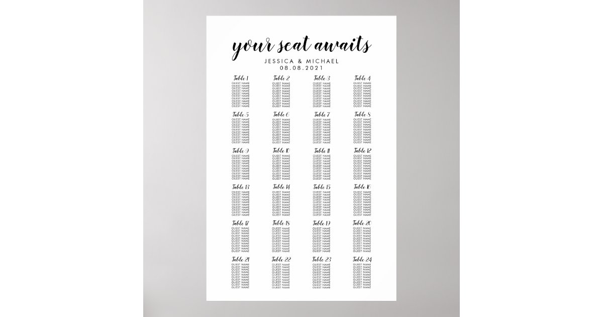 24 Table Large Wedding Guest Seating Chart | Zazzle