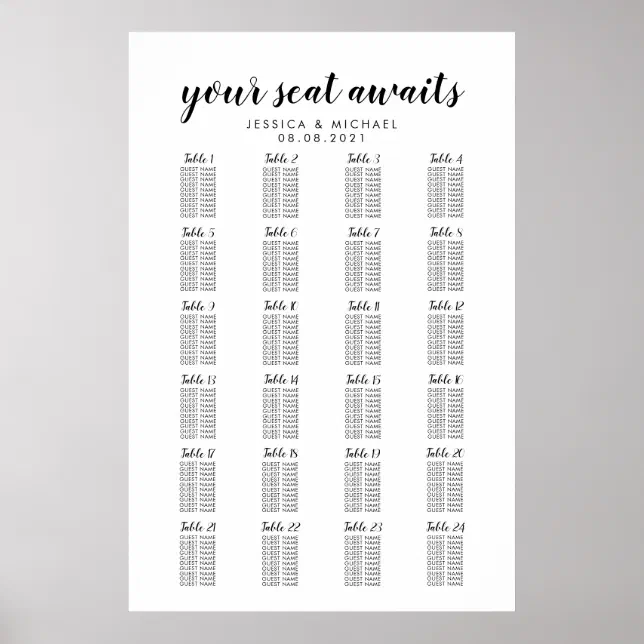 24 Table Large Wedding Guest Seating Chart | Zazzle