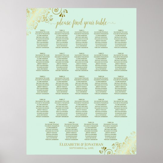 24 Table Mint Green & Gold Wedding Seating Chart | Zazzle.com