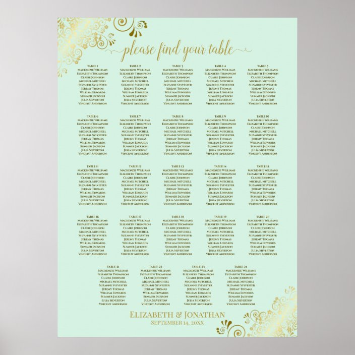 24 Table Mint Green & Gold Wedding Seating Chart | Zazzle.com