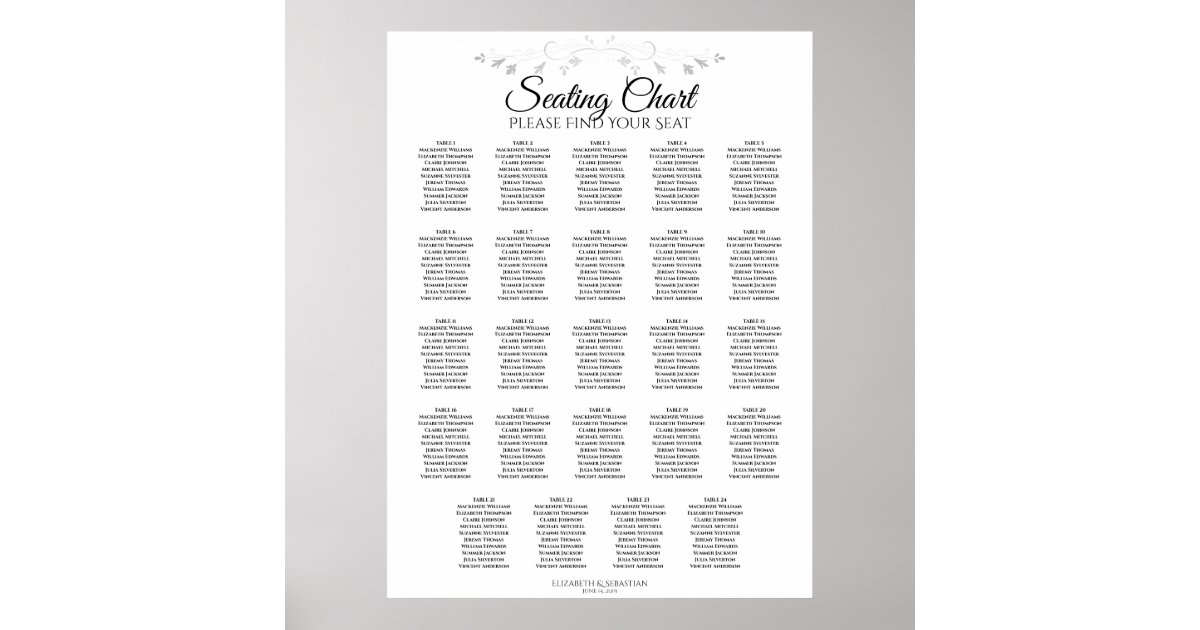 24 Table Silver Flourish Wedding Seating Chart | Zazzle
