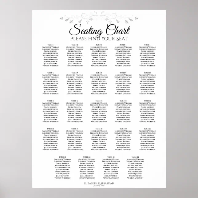 24 Table Silver Flourish Wedding Seating Chart | Zazzle