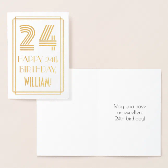 24th Birthday - Art Deco Inspired Look "24" & Name Foil Card | Zazzle