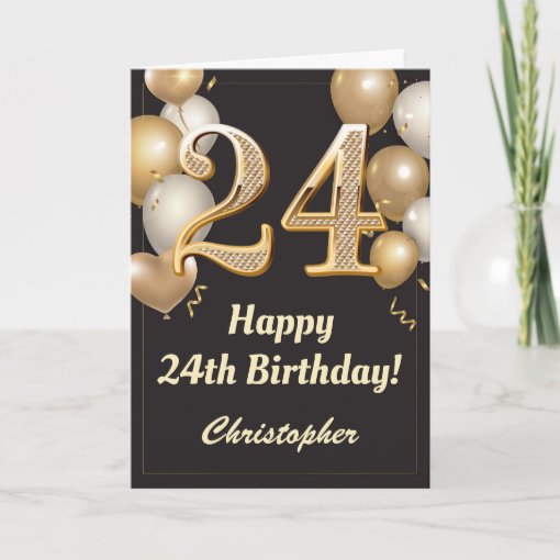 24th Birthday Black and Gold Balloons Confetti Card | Zazzle