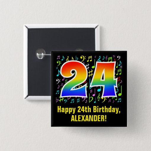 24th Birthday: Colorful Music Symbols, Rainbow 24 Button | Zazzle