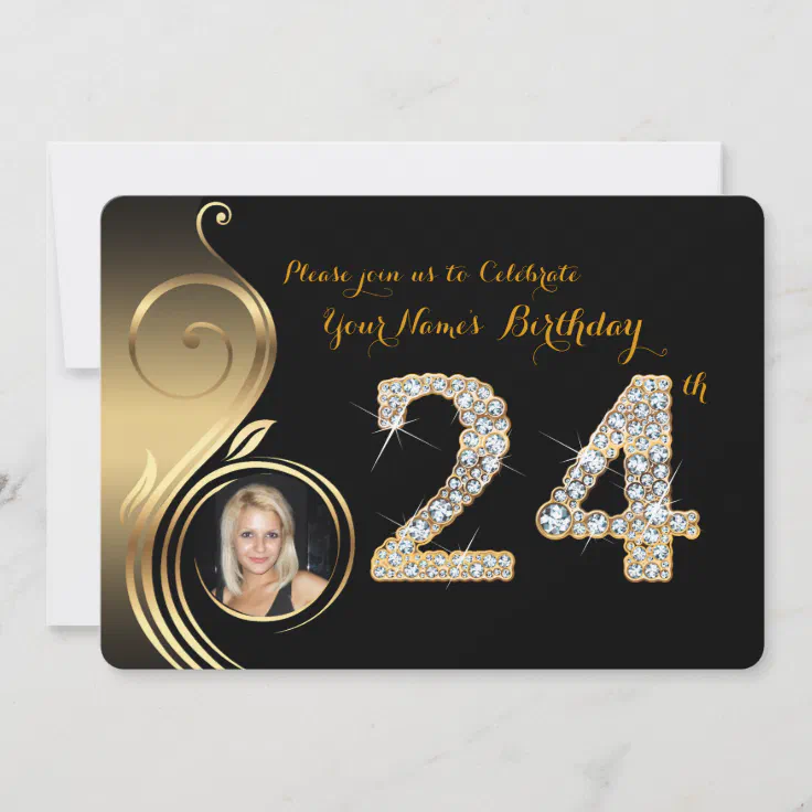 24th,Birthday Invitation,Number Diamond,Photo 2 Invitation | Zazzle