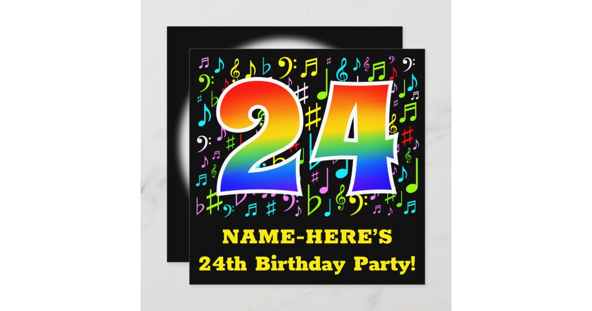 24th Birthday Party: Fun Music Symbols, Rainbow 24 Invitation | Zazzle