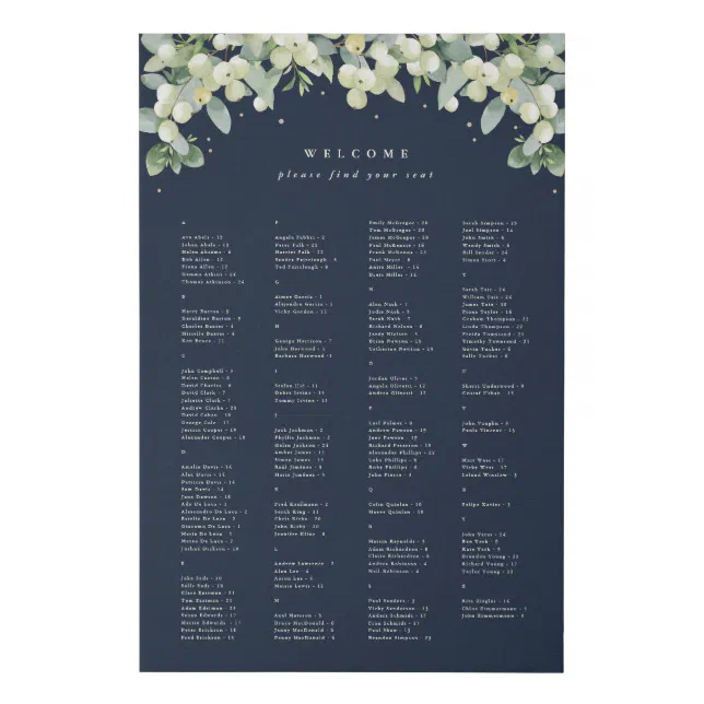 24x36" Alphabetical Seating Chart for 150 People Faux Canvas Print | Zazzle