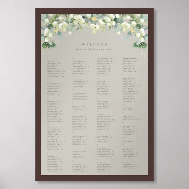 24x36" Alphabetical Seating Chart for 200 People | Zazzle