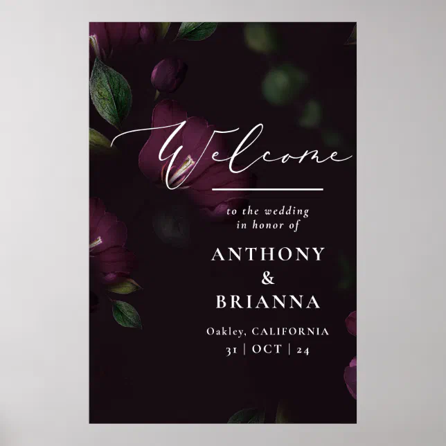 24x36" Moody Purple Bloom Grunge Wedding Welcome Poster | Zazzle