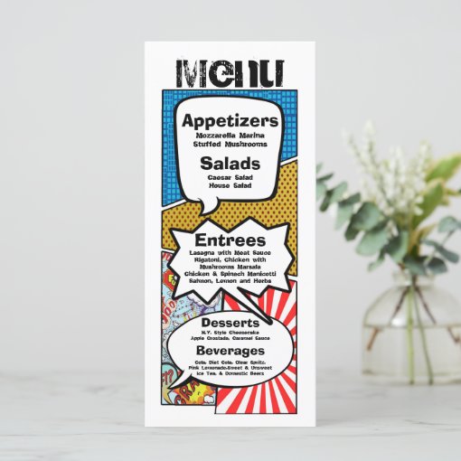 25 Menu Cards Comic Strip Book Pop Art Cartoon | Zazzle