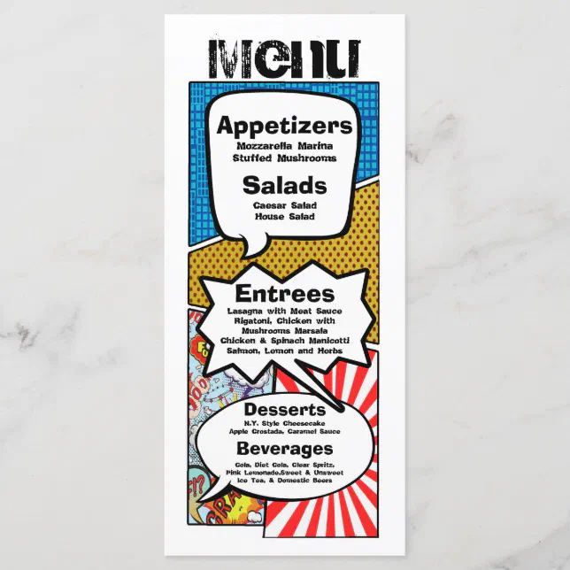 25 Menu Cards Comic Strip Book Pop Art Cartoon | Zazzle