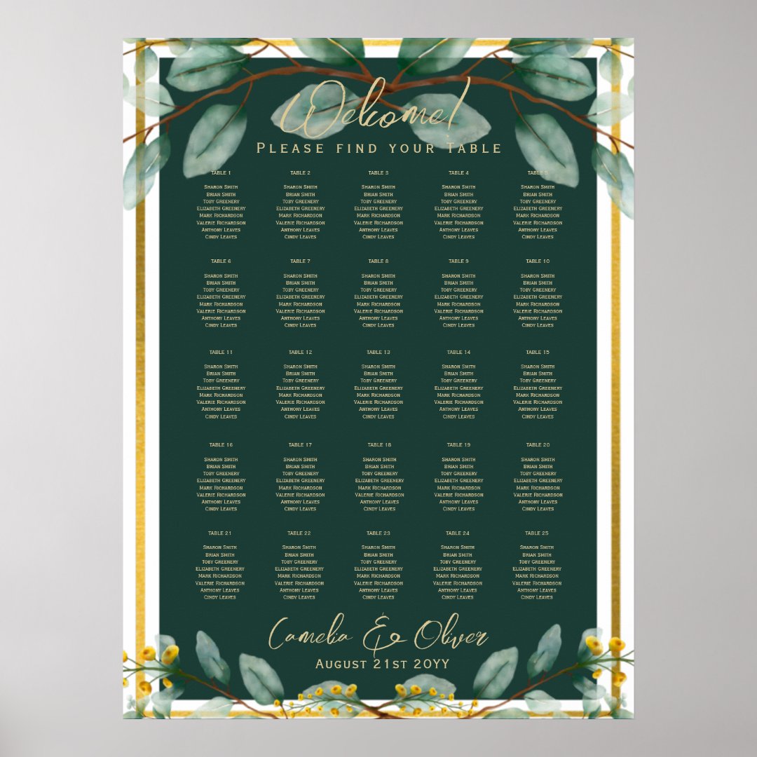 25 Table Greenery Eucalyptus Rustic SEATING CHART | Zazzle