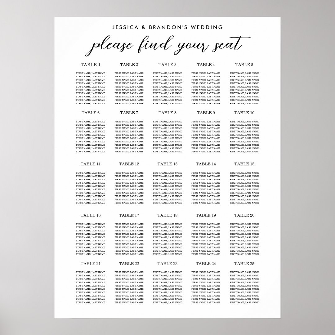 25 Table Large Wedding Guest Seating Chart | Zazzle