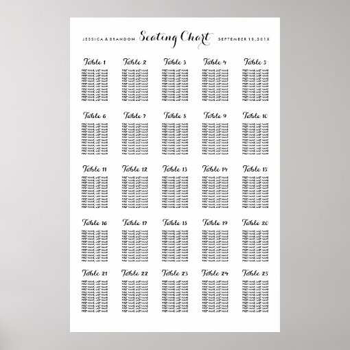 25 Table Large Wedding Seating Chart by Table | Zazzle