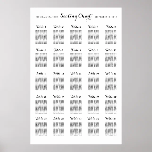 25 Table Large Wedding Seating Chart by Table | Zazzle