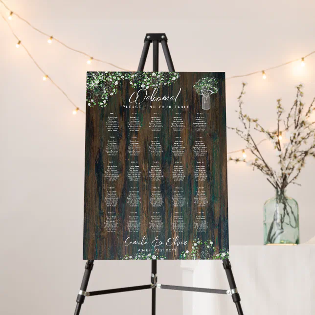 25 Table Rustic Wood Gypsophila SEATING CHART Foam Board | Zazzle