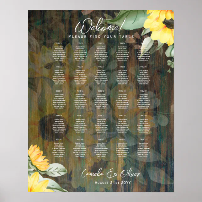 25 Table Rustic Wood SUNFLOWERS PHOTO SEATING Poster | Zazzle