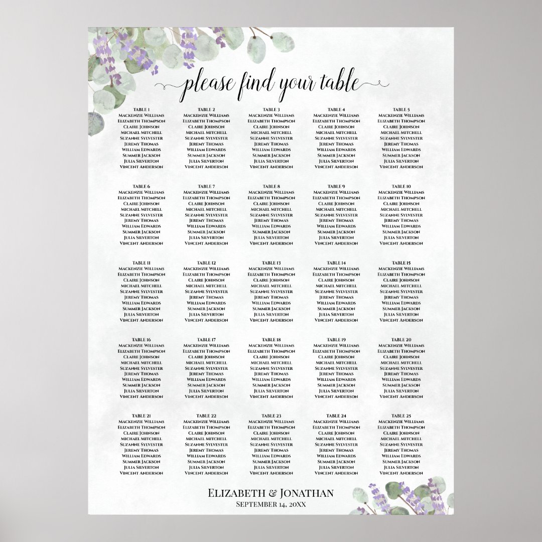 25 Table Wedding Seating Chart Lavender Eucalyptus | Zazzle