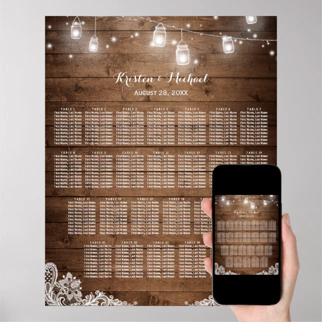25 Tables Rustic String Lights Seating Chart | Zazzle