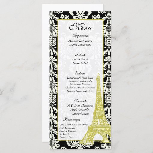 25 Wedding in Paris Black Damask Menu Tags | Zazzle