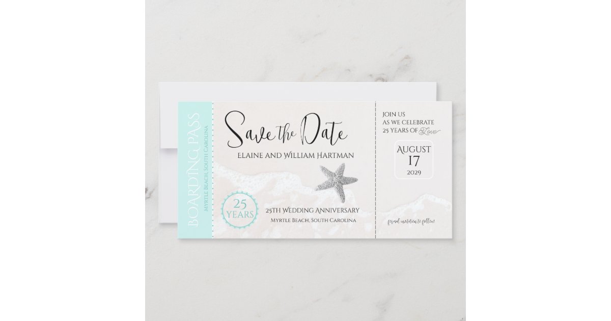 25th Anniversary Beach Boarding Pass Save the Date | Zazzle