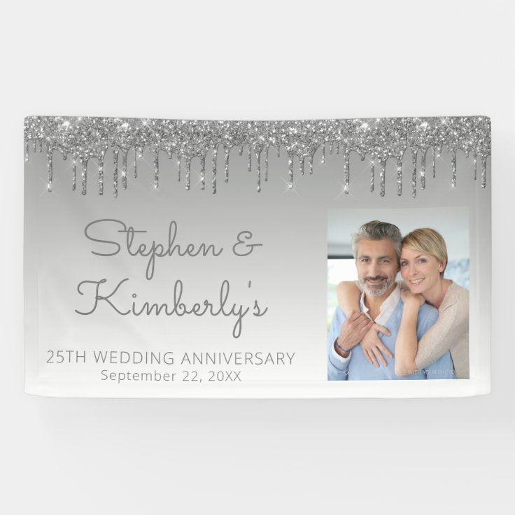 25th Anniversary Custom Photo Silver Glitter Drip Banner | Zazzle