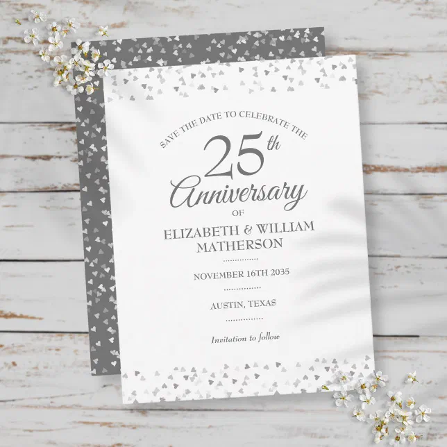 25th Anniversary Silver Love Hearts Save the Date Announcement Postcard ...