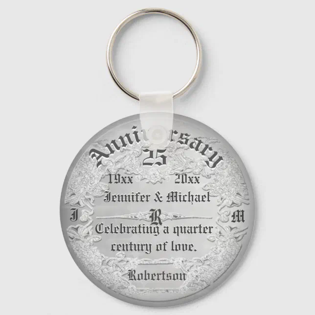 25th Anniversary Silver Monogram Keychain | Zazzle