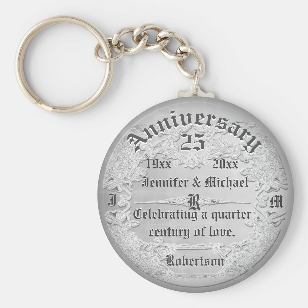 25th Anniversary Silver Monogram Keychain | Zazzle