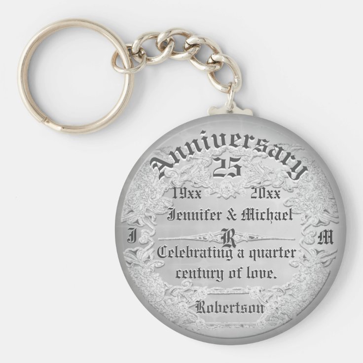 25th Anniversary Silver Monogram Keychain | Zazzle