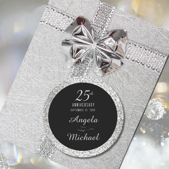 25th Anniversary Silver Sparkle Black Stylish Glam Classic Round ...