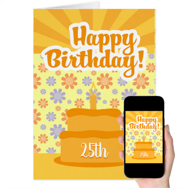 25th Birthday Card With Cake And Flowers | Zazzle