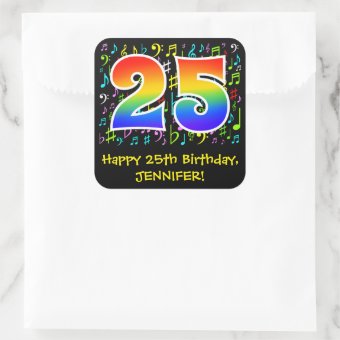 25th Birthday: Colorful Music Symbols, Rainbow 25 Square Sticker | Zazzle