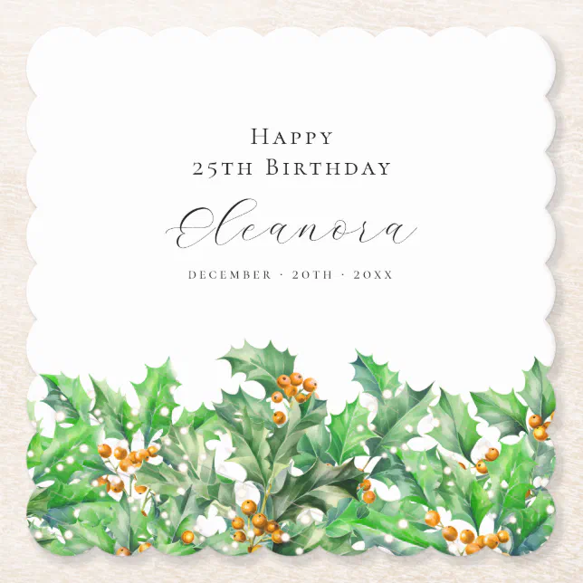 25th Birthday December Birth Flower Holly Custom Paper Coaster | Zazzle
