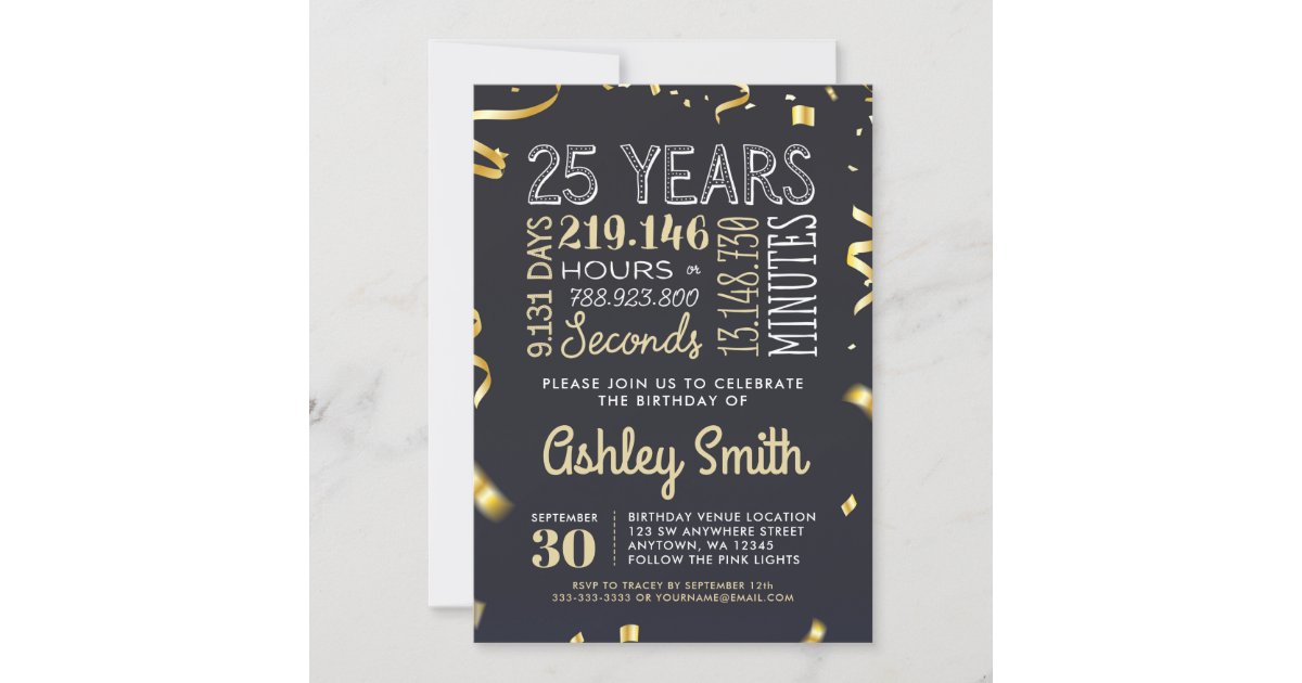 25th Birthday Invitation 25 Years Hours Seconds Zazzle