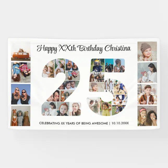 25th Birthday Party Number 25 Photo Collage Banner | Zazzle