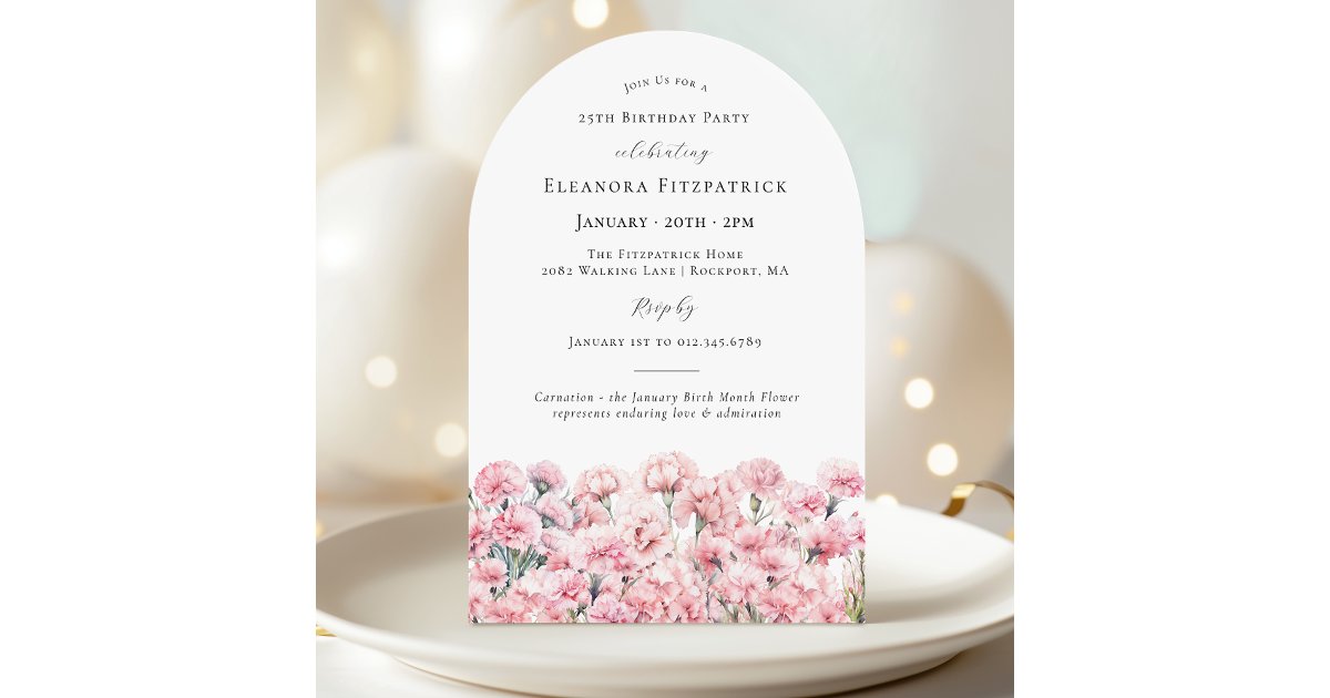 25th Birthday Pink Carnation January Birth Flower Invitation | Zazzle