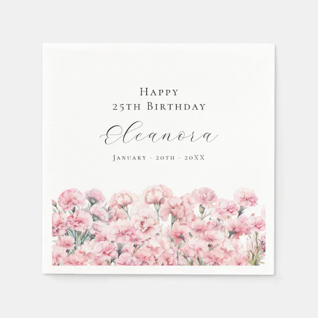 25th Birthday Pink Carnation January Birth Flower Napkins | Zazzle