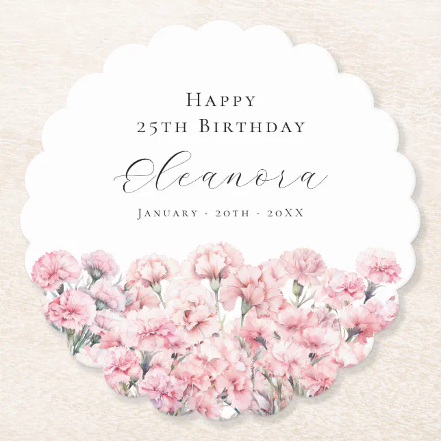 25th Birthday Pink Carnation January Birth Flower Paper Coaster | Zazzle