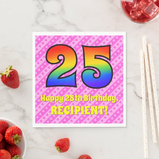 25th Birthday: Pink Stripes & Hearts, Rainbow # 25 Napkins | Zazzle