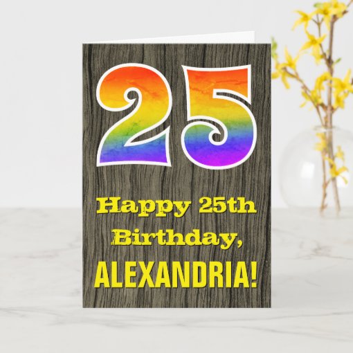 25th Birthday: Rustic Faux Wood Look, Rainbow "25" Card | Zazzle