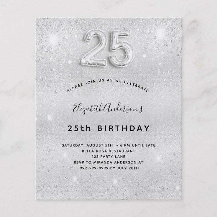 25th birthday silver glitter budget invitation flyer | Zazzle