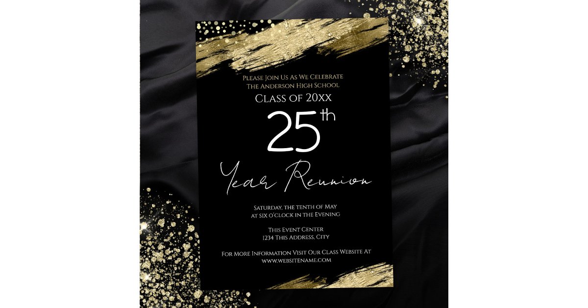 25th Class Reunion Black and Gold Invitation | Zazzle