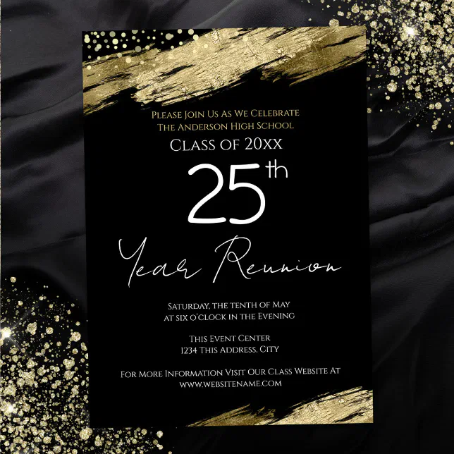 25th Class Reunion Black and Gold Invitation | Zazzle