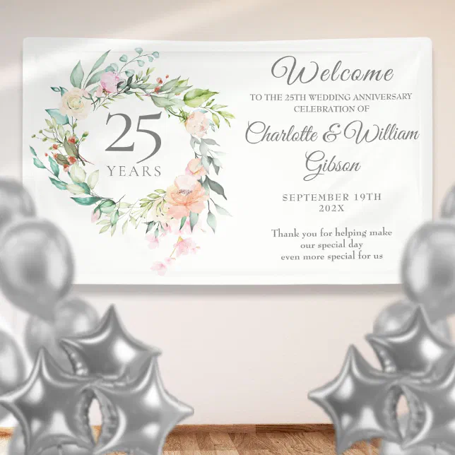 25th Silver Anniversary Roses Floral Welcome Banner | Zazzle